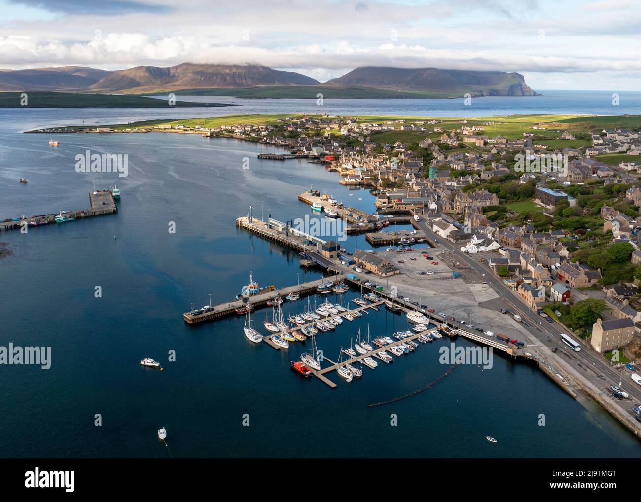 Aerial view of Stromness harbour, Stromness, Orkney mainland, Scotland ...