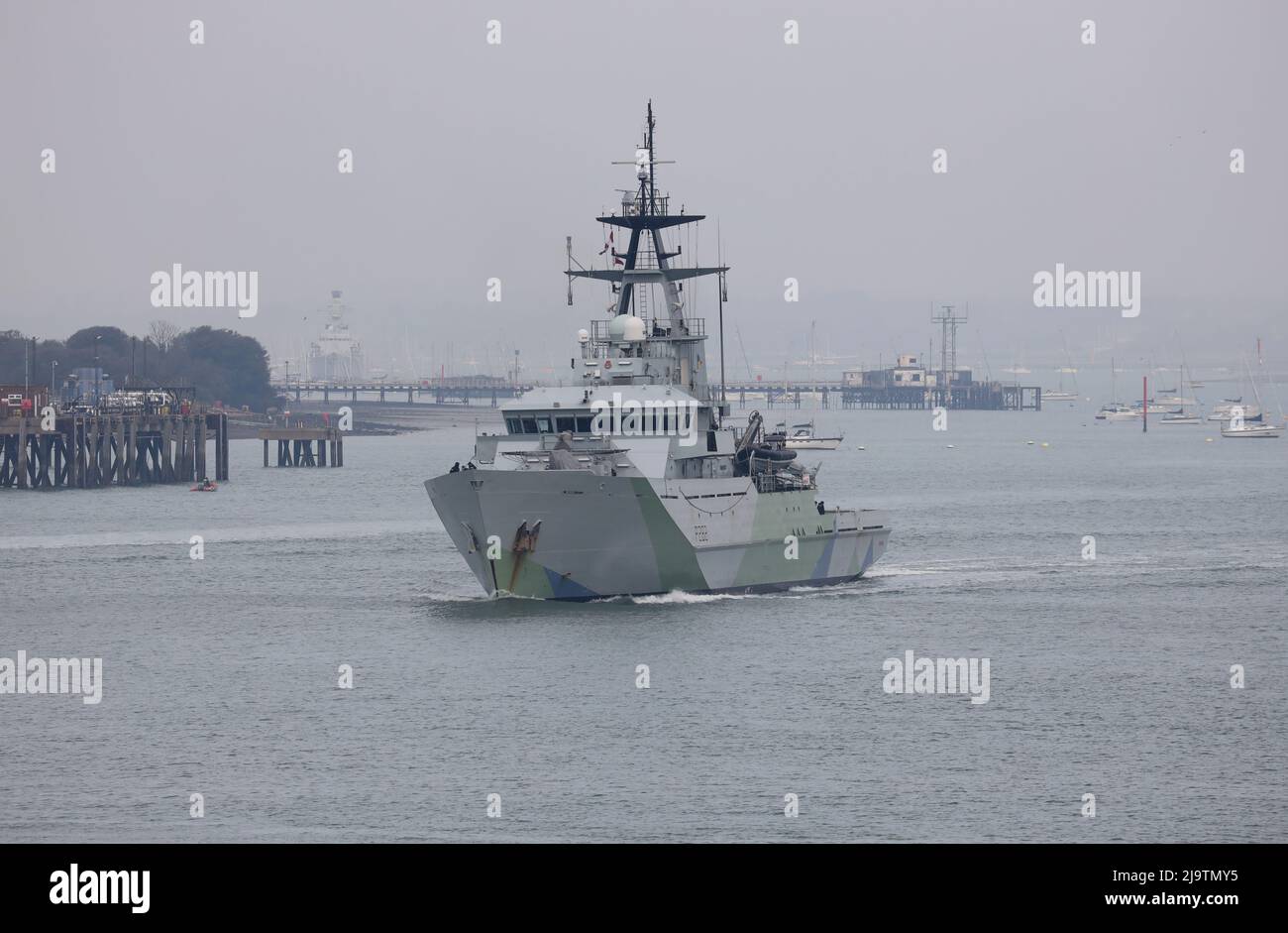 The Royal Navy offshore patrol vessel HMS SEVERN leaving the Naval Base ...