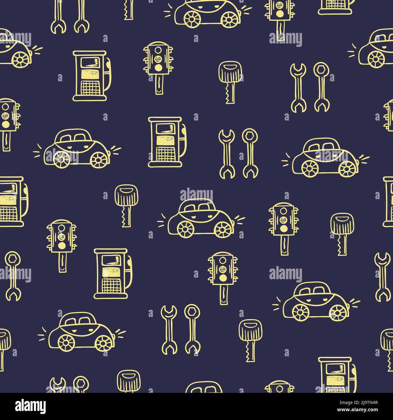Car theme, seamless pattern, yellow icons on blue background Stock ...