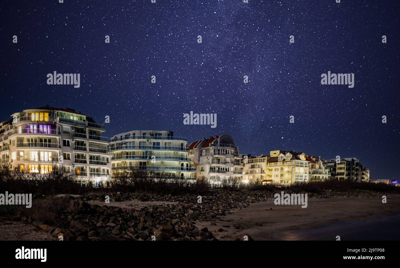 Seaside resort calm town of Pomorie with bright electric lights and ...