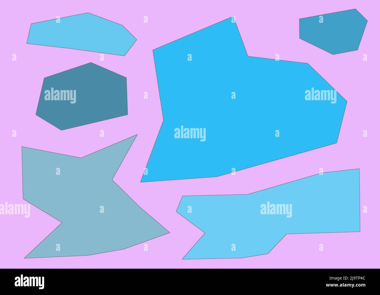 abstract illustration of eight irregular shapes in shades of blue on a ...