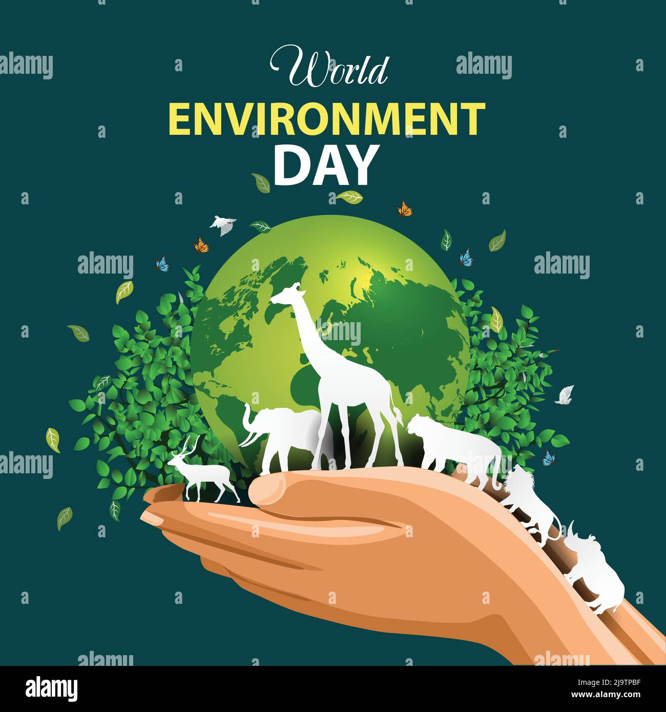 world environmental day. two hands holding with world map and animals ...