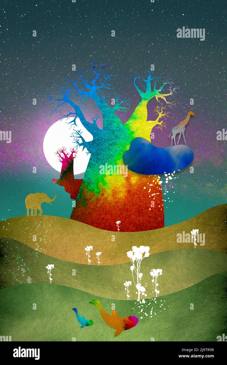 Illustration creating an imaginary world based on Africa, with baobab ...