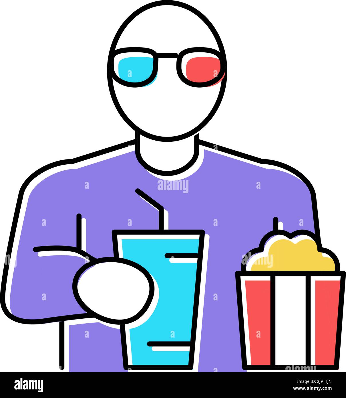 spectator watching movie and eating popcorn in cinema color icon vector ...