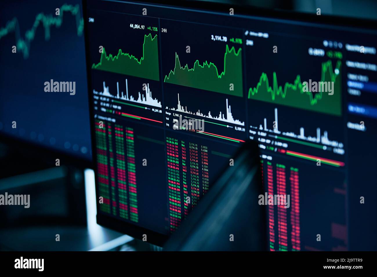 workplace of a trader- investor with working computers. close-up Stock ...