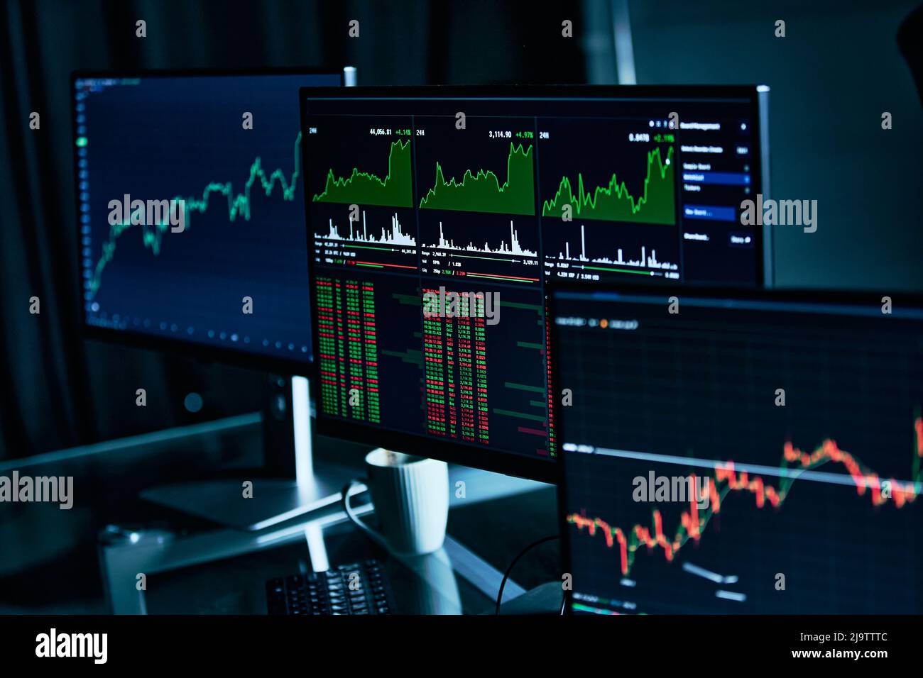 workplace of a trader- investor with working computers. close-up Stock ...