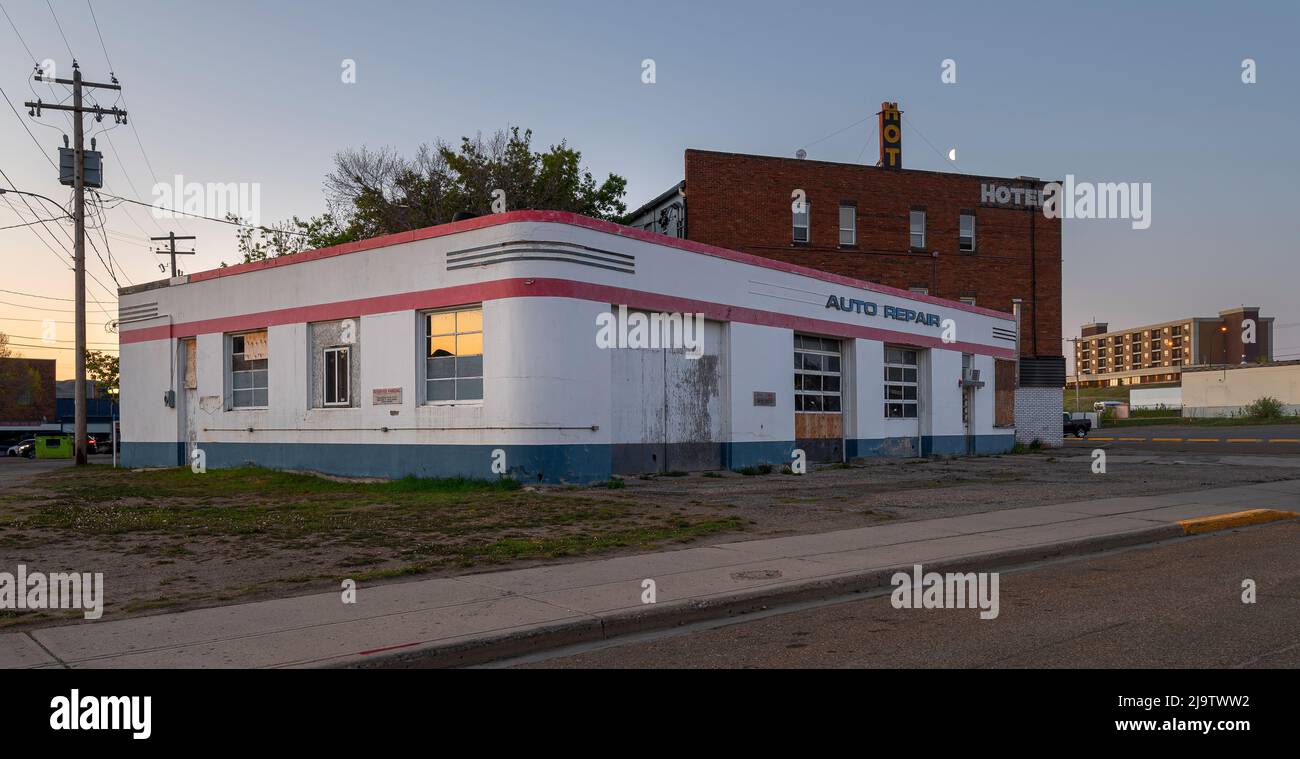 Exterior view of an abandoned auto repair shop in downtown Drumheller ...