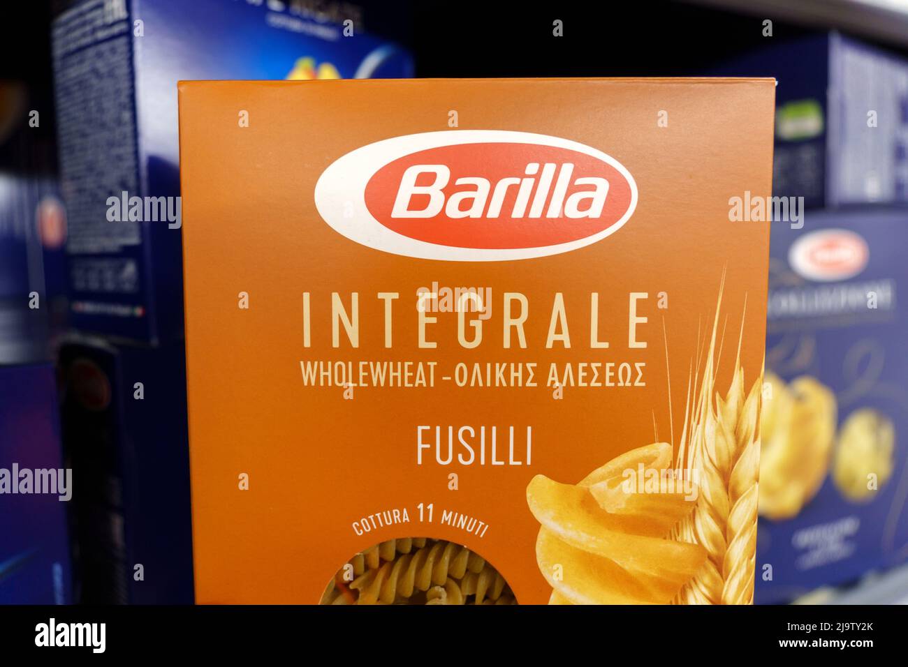 Tyumen, Russia-May 11, 2022: Pasta Barilla integrale fusilli on a ...