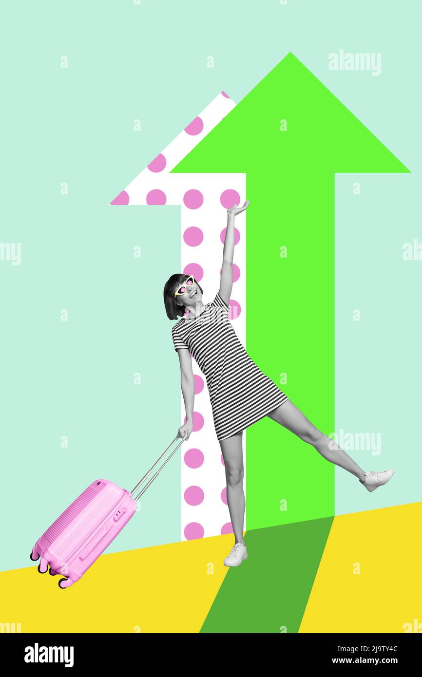 Vertical collage of positive black white gamma person carry suitcase ...