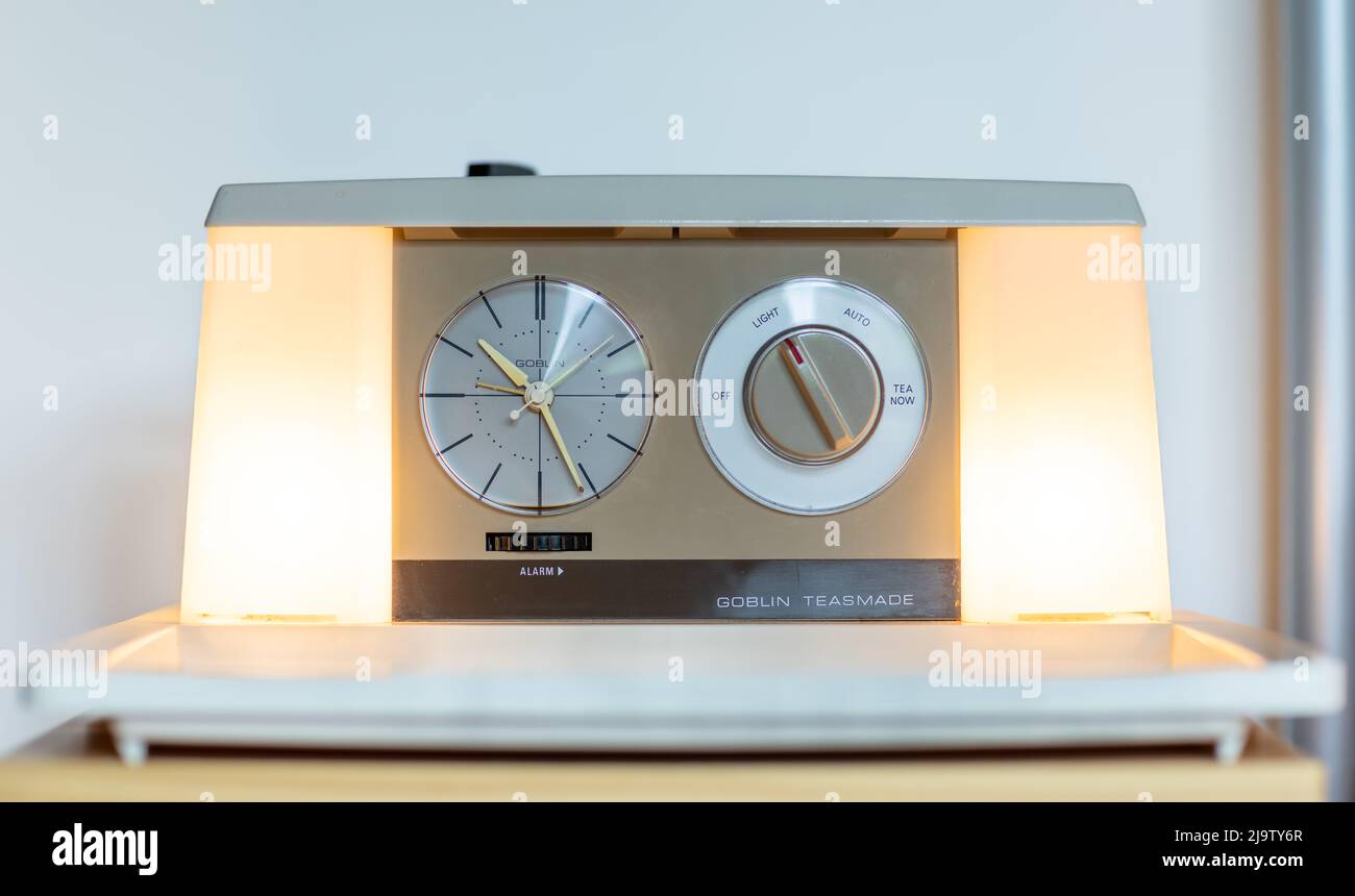 Close up of a vintage 1973 Goblin Teasmade on bedside table - lights on ...