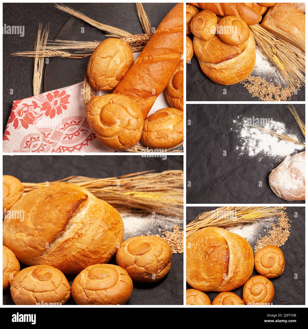 Collage with bread,sweet bun,wheat ears,grains on a black background ...