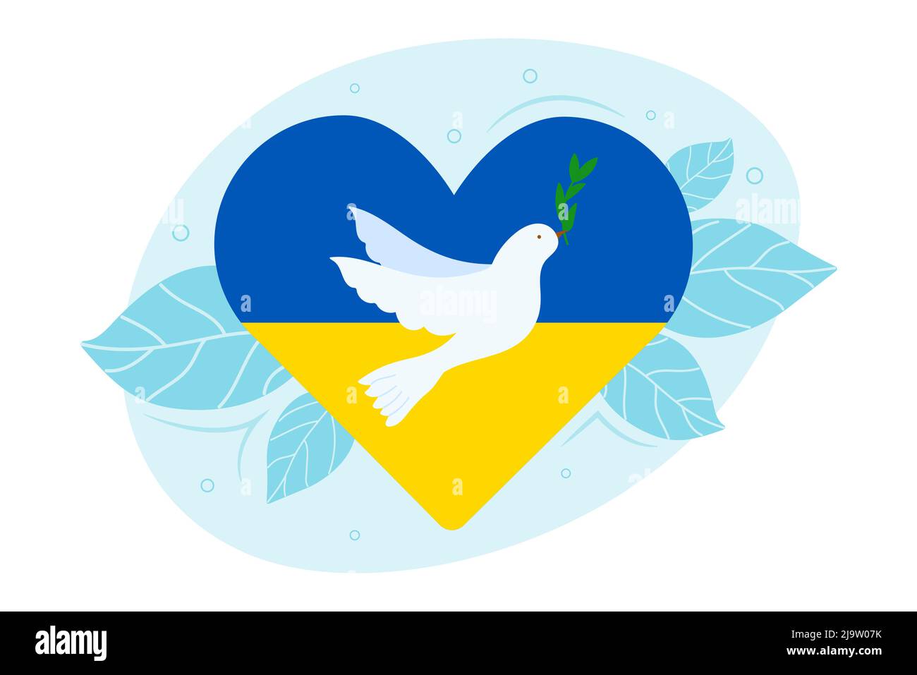 Flying dove with olive branch inside heart in national Ukrainian colors ...