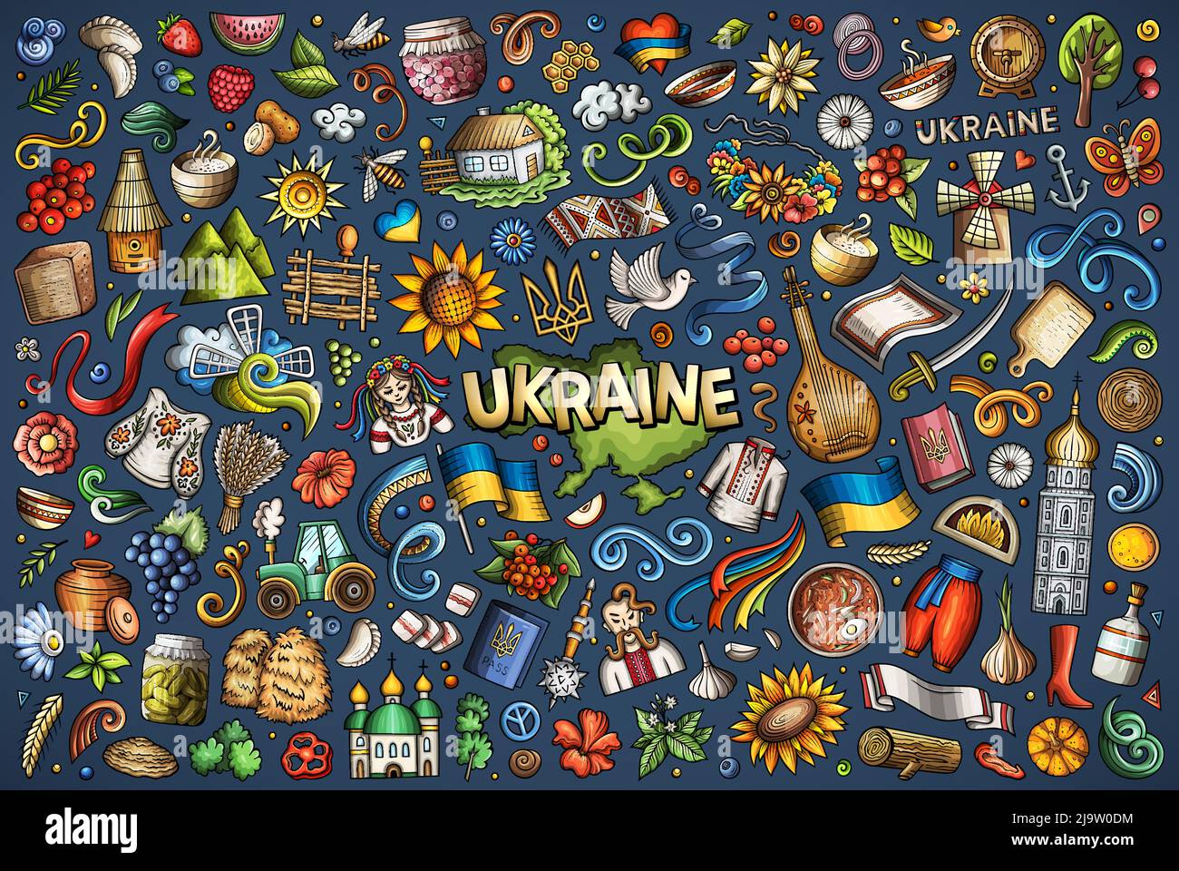 Colorful vector hand drawn doodle cartoon set of Ukraine theme items ...