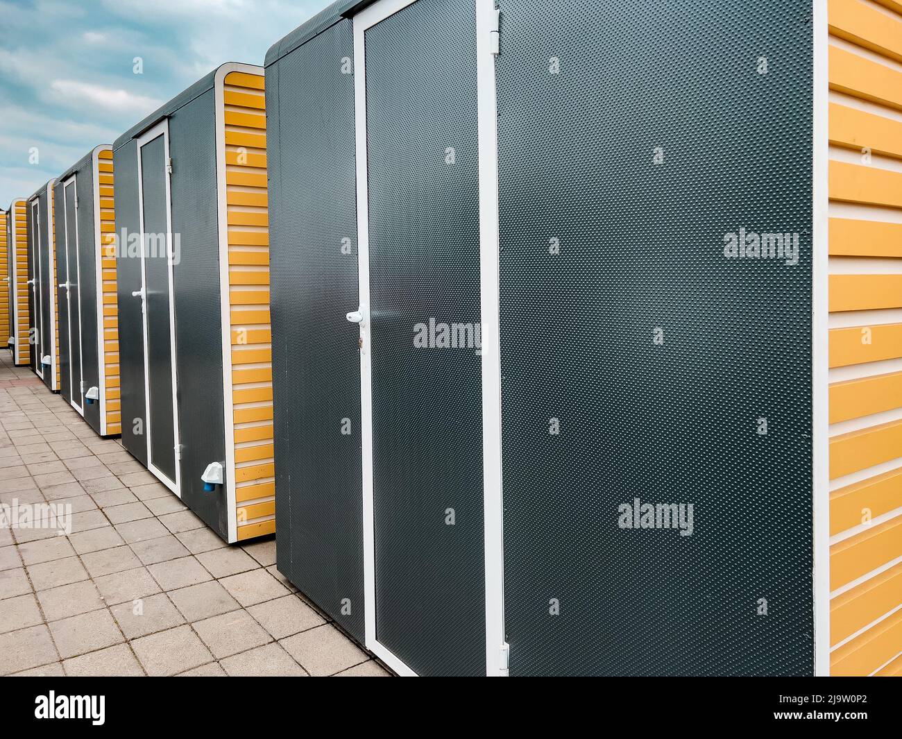 Street market cabins aligned in the row for farmer's market festival ...