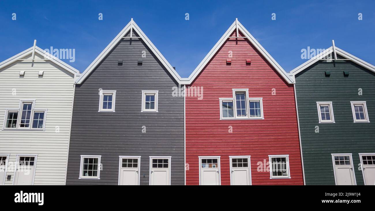 Panorama of colorful facades of traditional dutch houses in Harderwijk ...