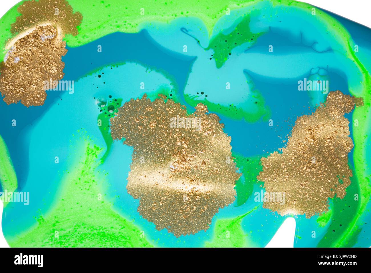 Gold spots on flow blue and green paints abstract background Stock ...