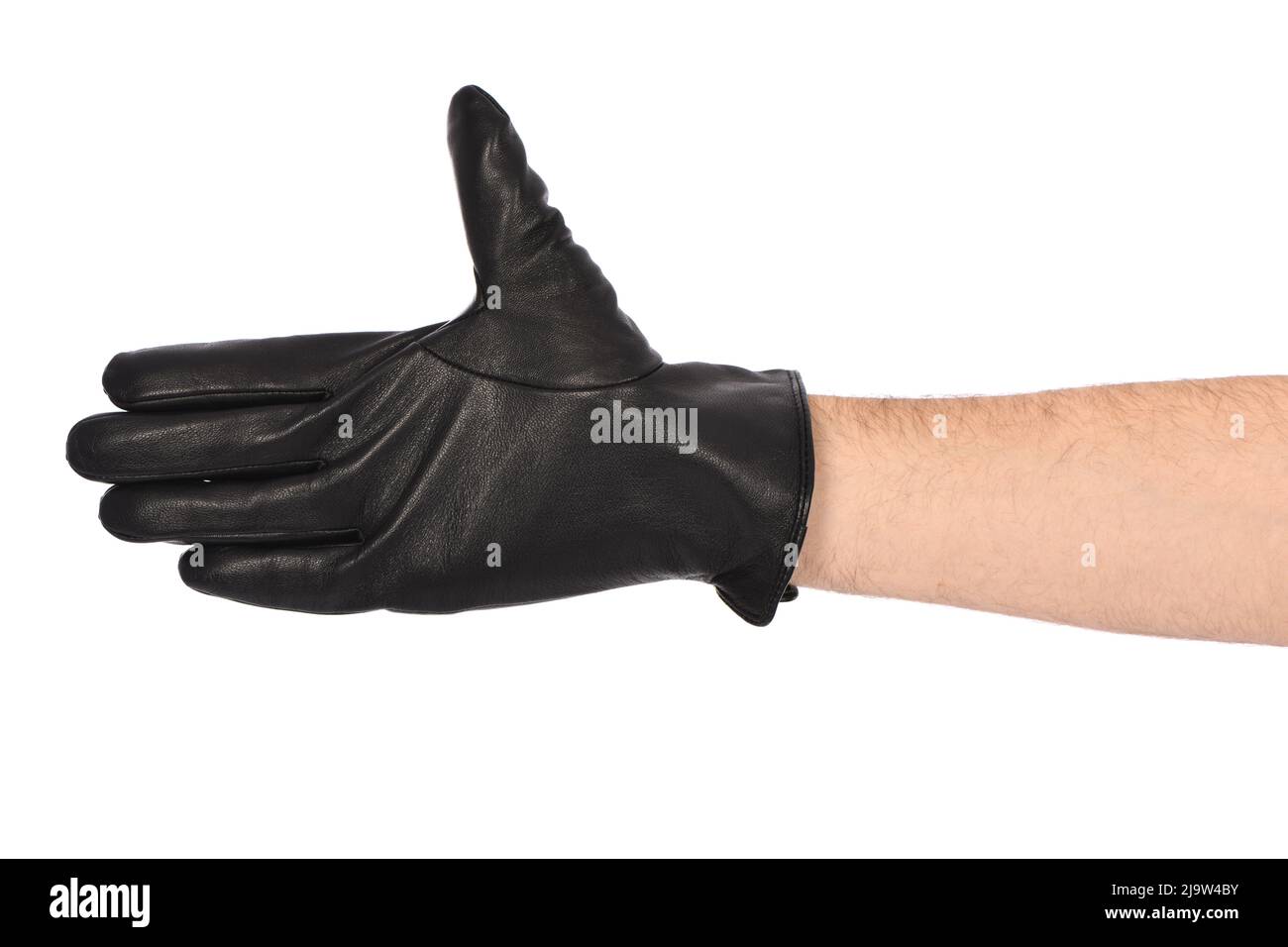 Man wearing black leather glove on white background, closeup. Side view ...