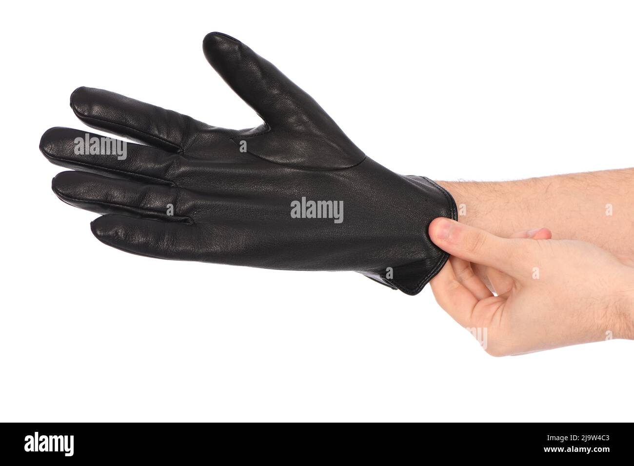 Man wearing black leather glove on white background, closeup. Side view ...
