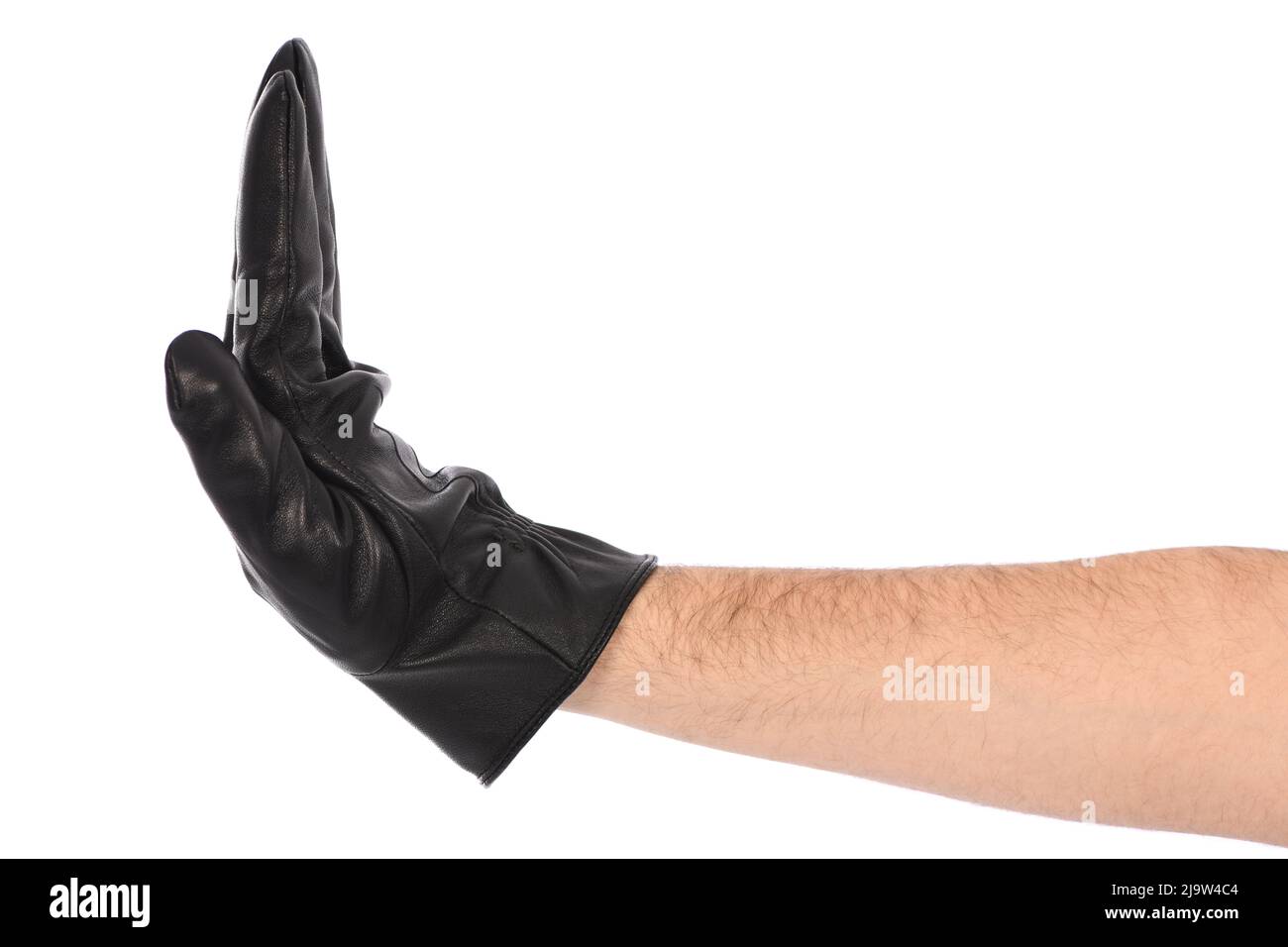 Man wearing black leather glove on white background, closeup. Side view ...