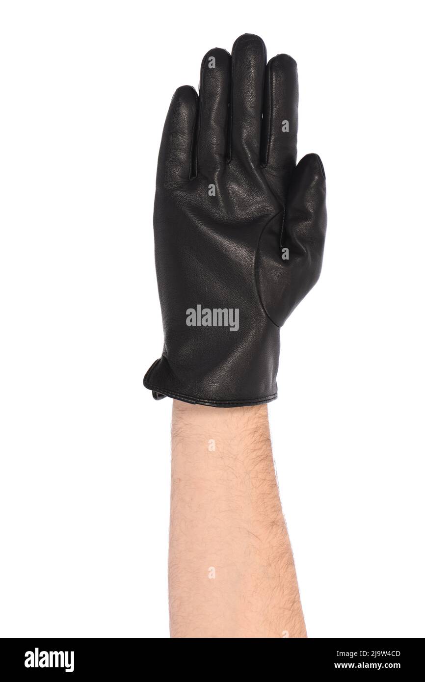 Man wearing black leather glove on white background, closeup. Side view ...