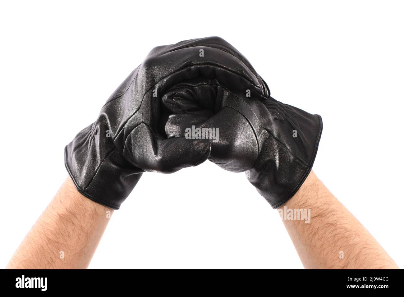 Man wearing black leather glove on white background, closeup. Side view ...
