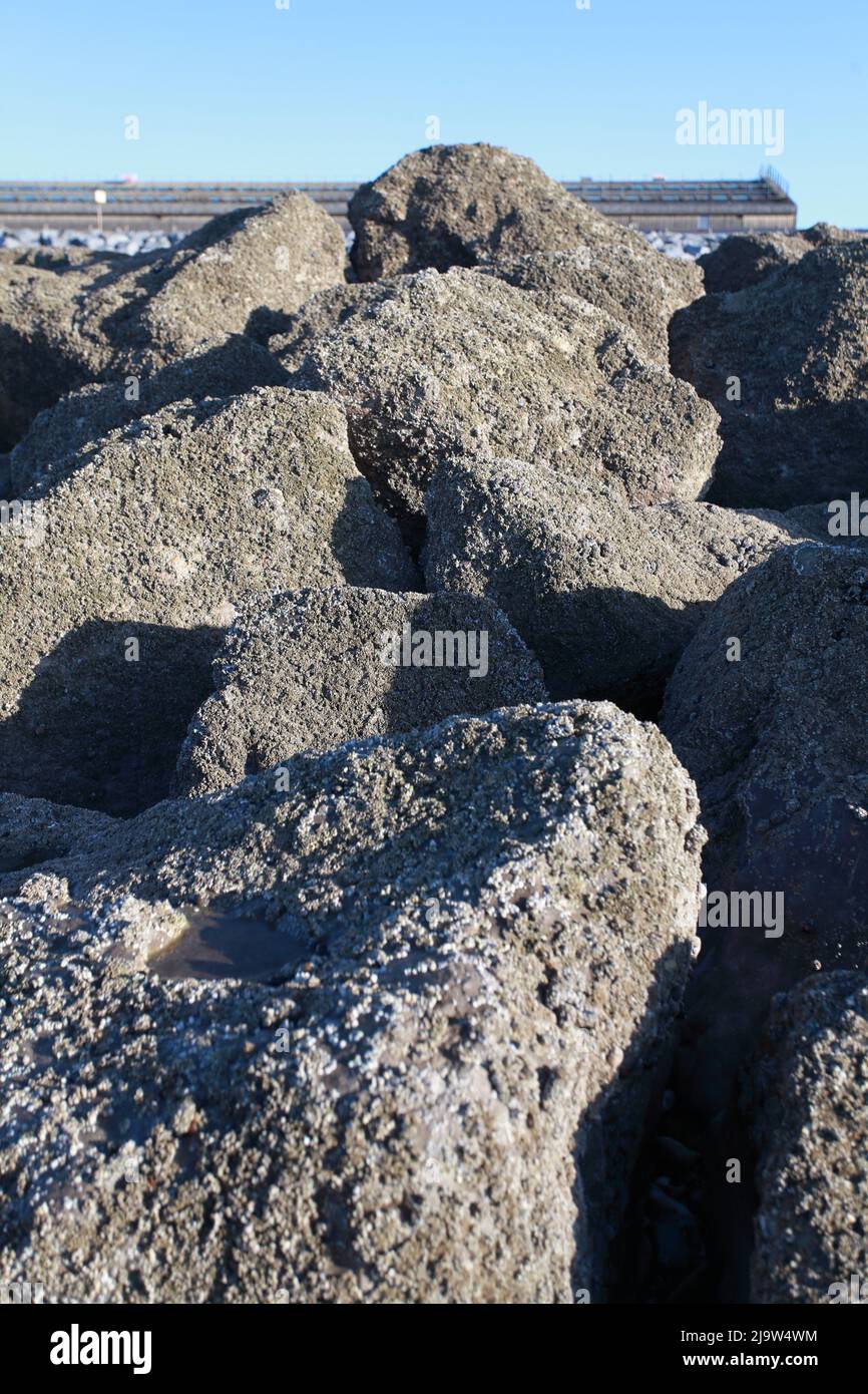 Already eroded granite boulders deposited in the 1980's to form a sea ...