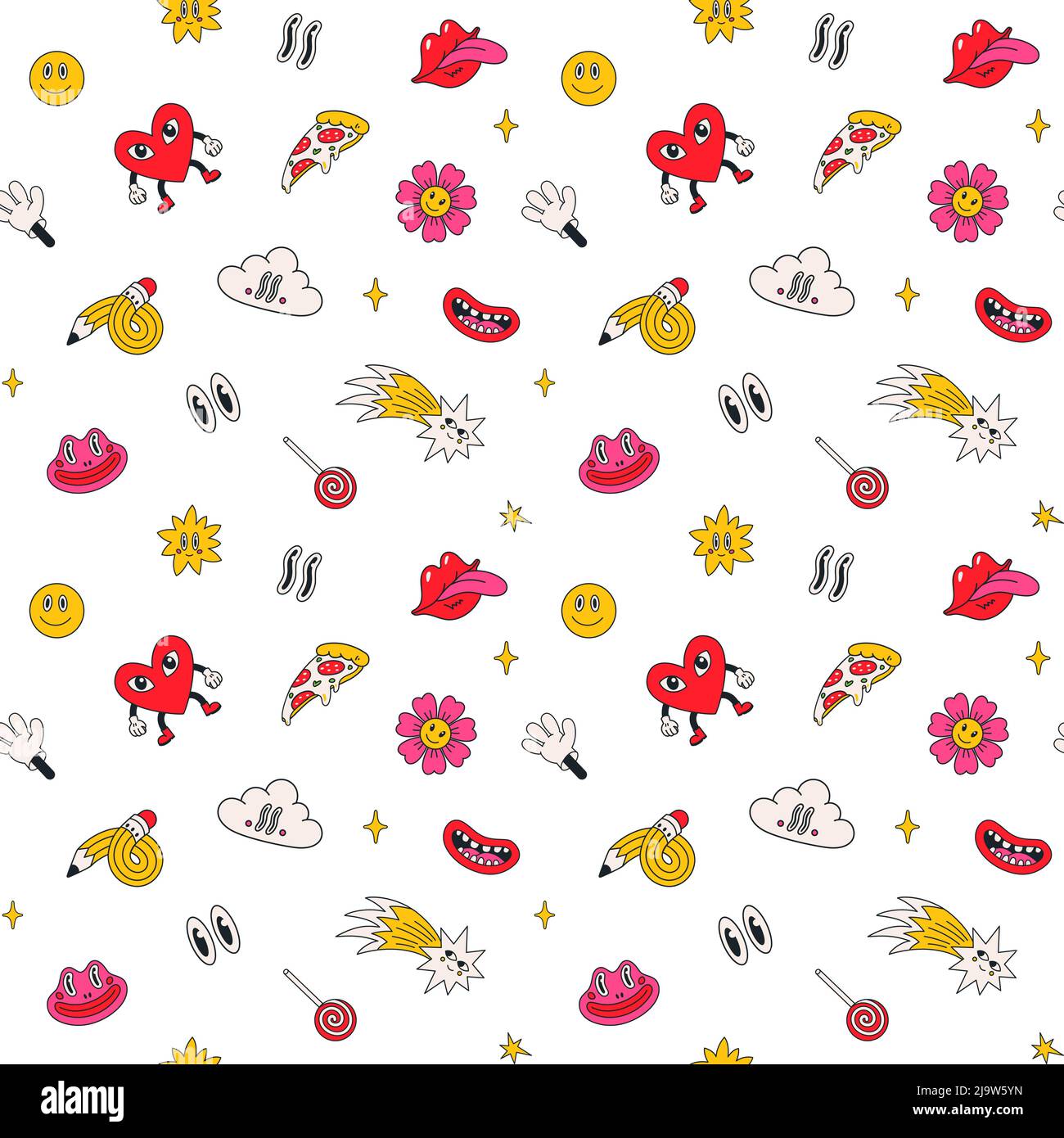 Cartoon vector funny cute Comic characters, seamless pattern Stock ...