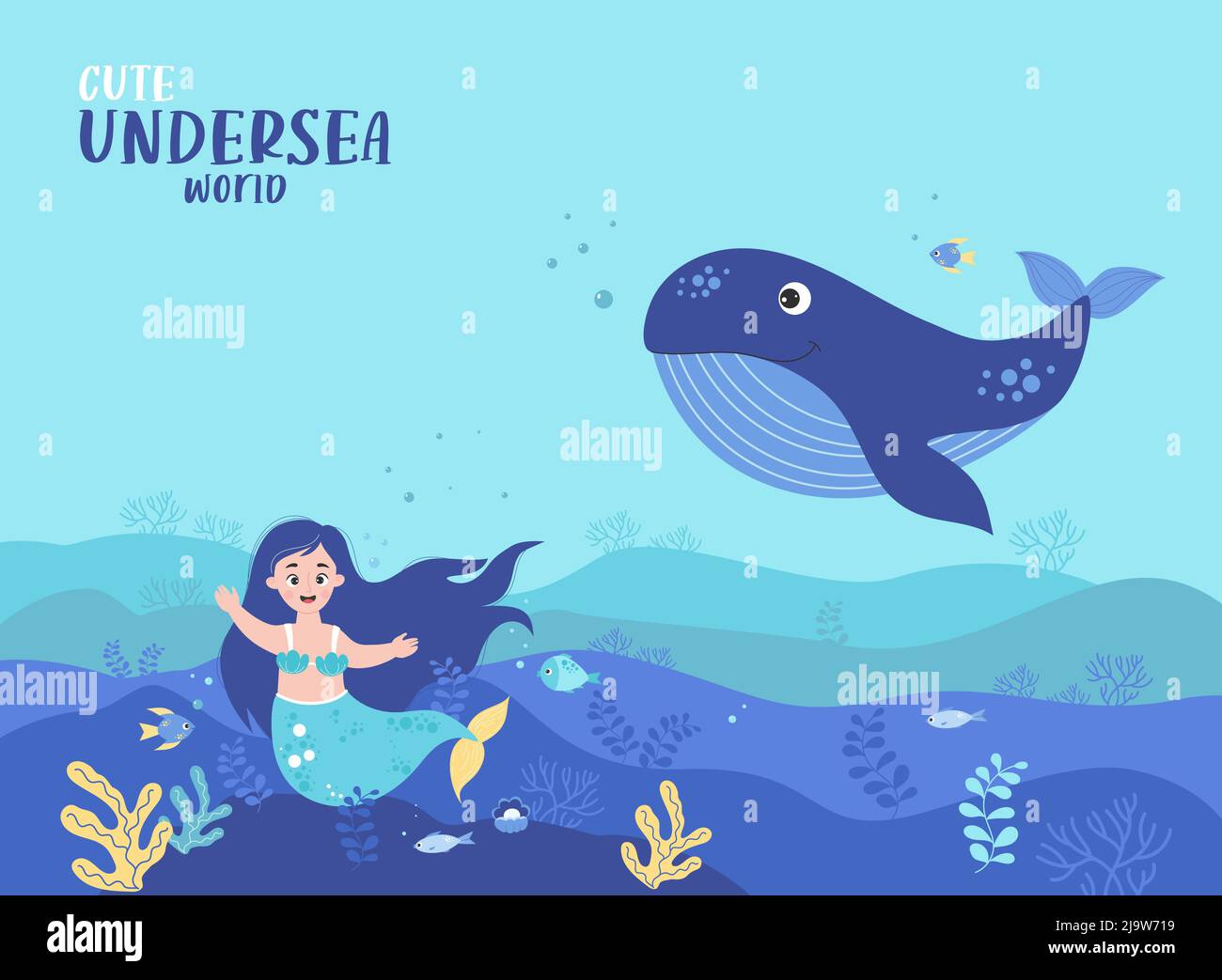 Cute little mermaid with big blue whale.Tropical poster with underwater ...
