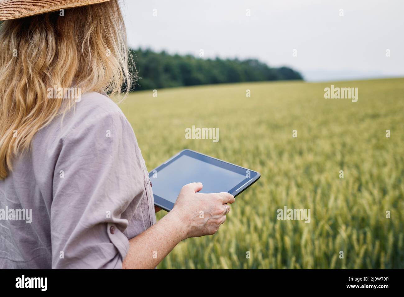 Farmer woman using modern technology for smart farming. Female ...