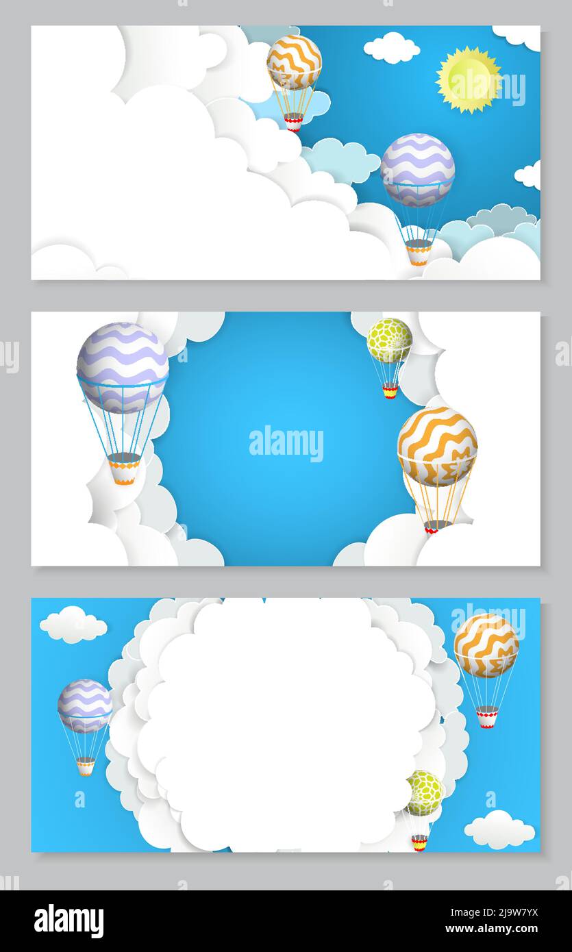 Hot air balloon vector paper cut horizontal banner set Stock Vector ...