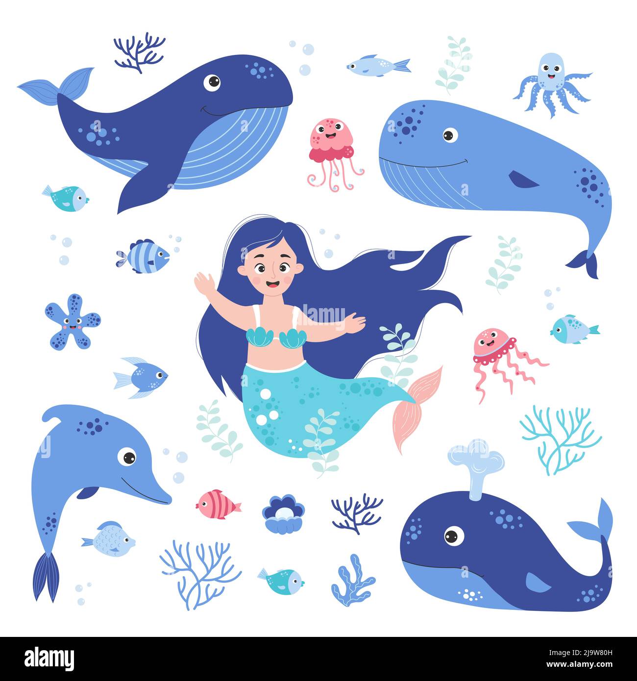 Cute mermaid and sea animals, blue whale and dolphin, fish and ...