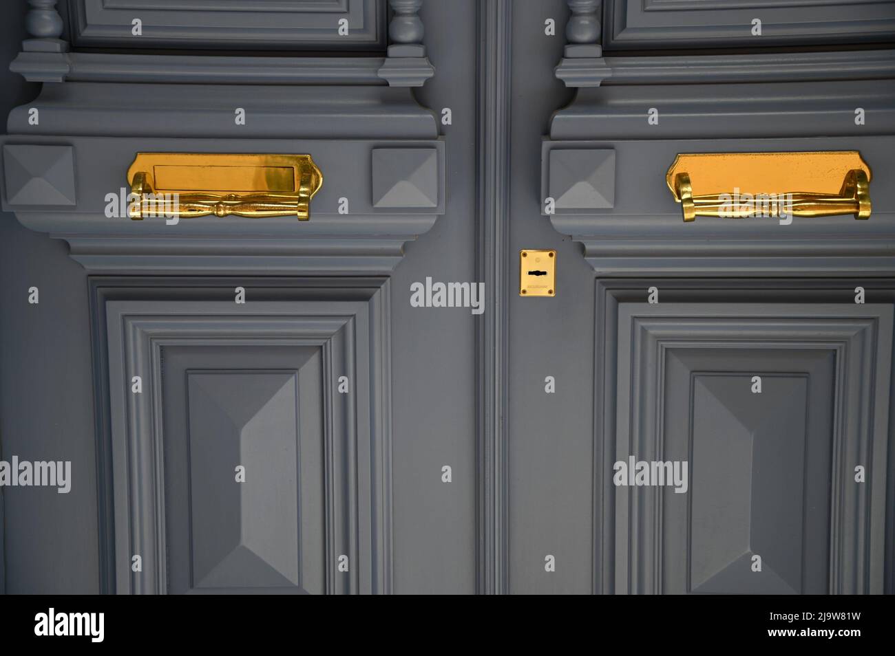 Neoclassical house grey wooden entrance door with polished brass ...