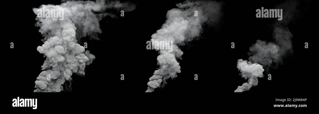 3 white contamination smoke columns from nuclear power plant on black ...