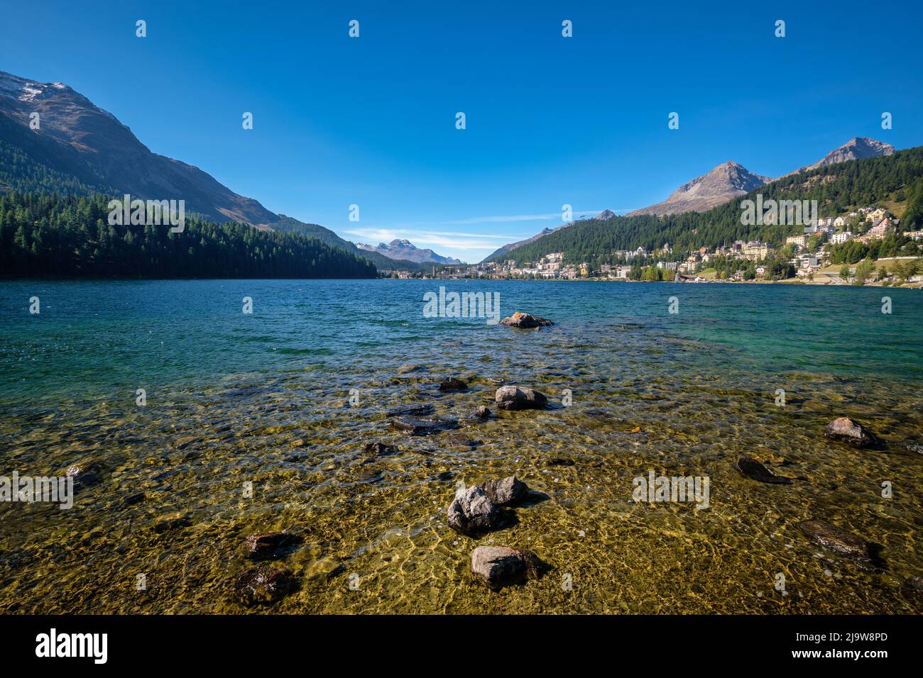 Lake St. Moritz (Grisons, Switzerland) on a sunny autumn morning. It is ...