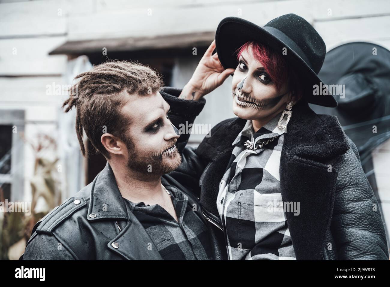 Scary love family couple man, woman celebrating halloween.Terrifying ...