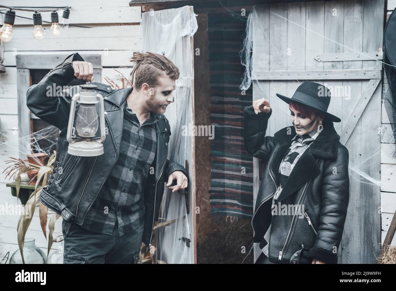 Scary love family couple man, woman celebrating halloween.Terrifying ...