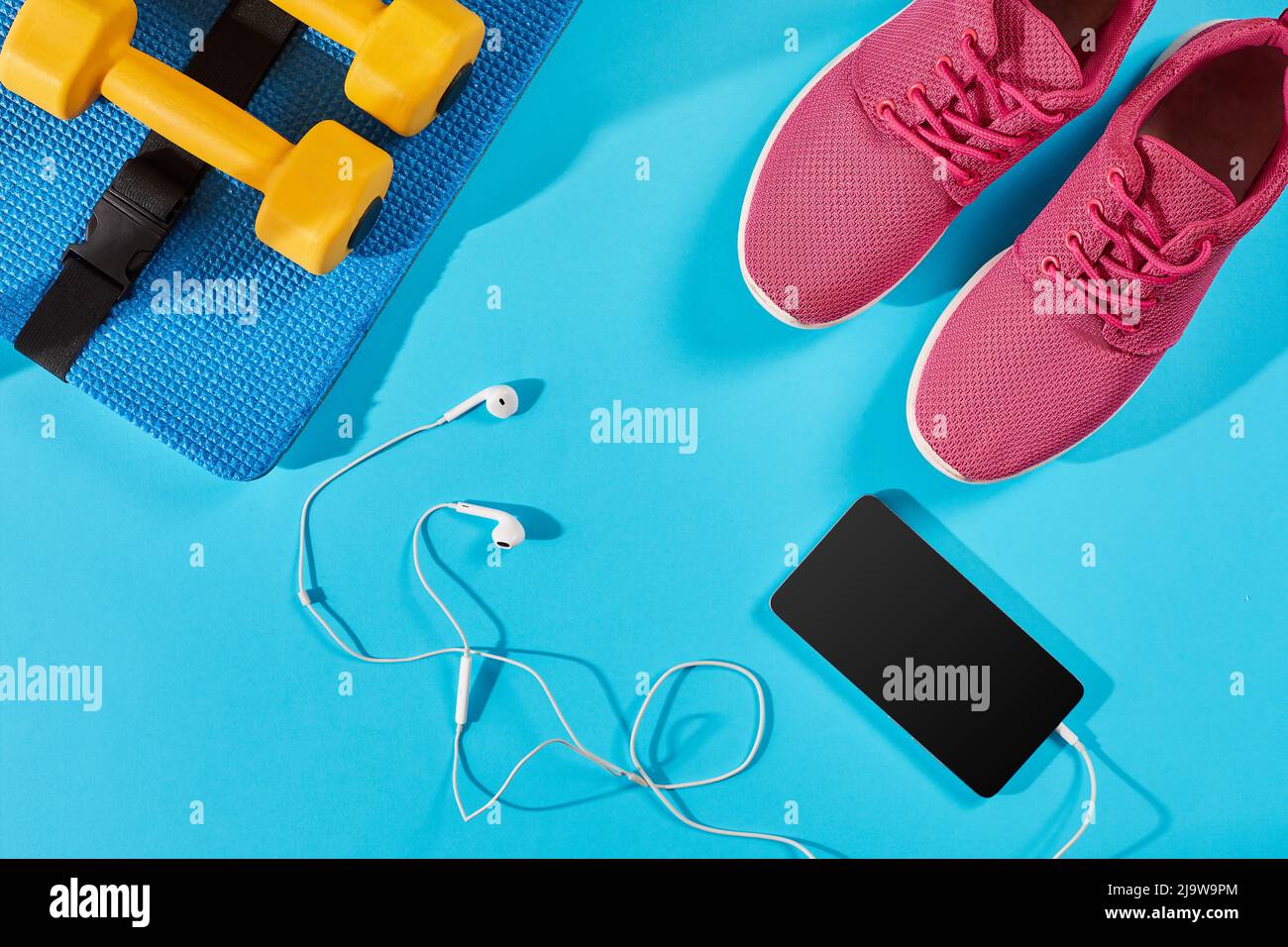 Female sport shoes and equipment top view, copy space. Active lifestyle ...