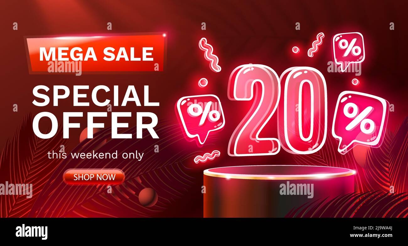 Mega sale special offer, Neon 20 off sale banner. Sign board promotion ...