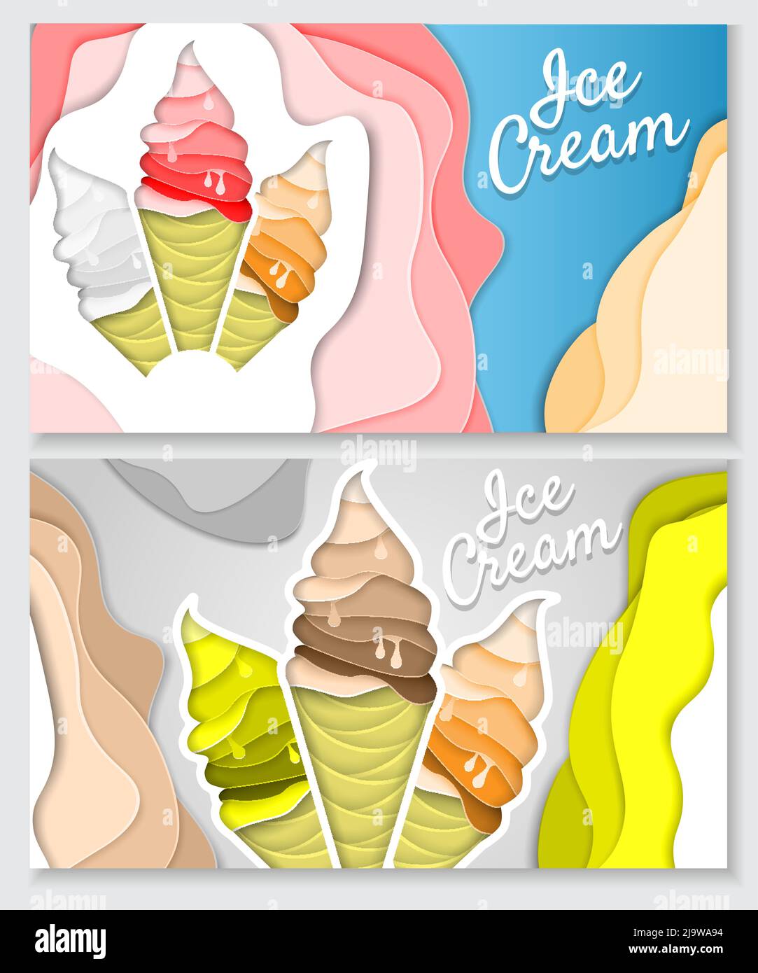 Vector paper art style ice cream horizontal banner set Stock Vector ...