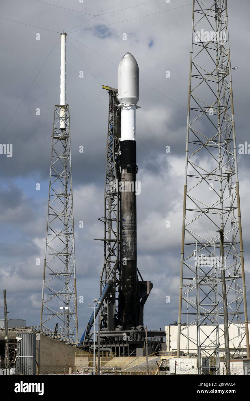 A SpaceX Falcon 8 rocket is prepared to launch the Transporter 5 ...