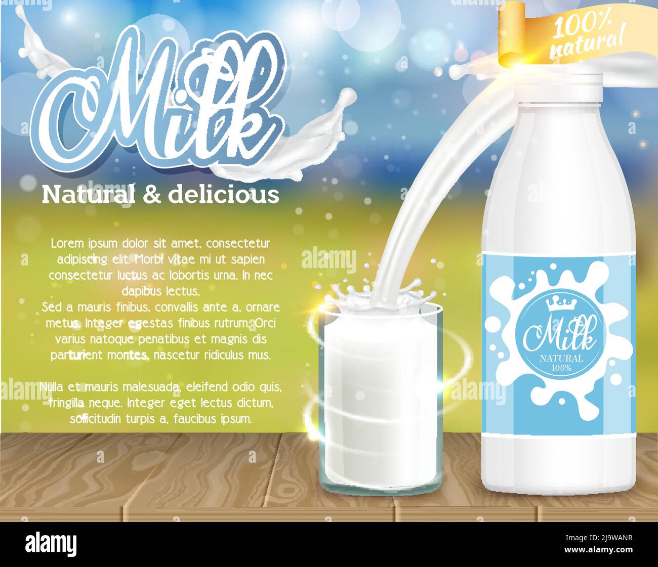 Milk natural and delicious dairy product ad vector realistic ...