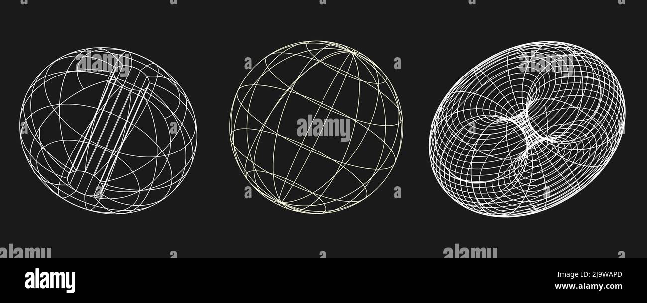 Cyber distorted shapes set, retro punk design elements. Wireframe wave ...