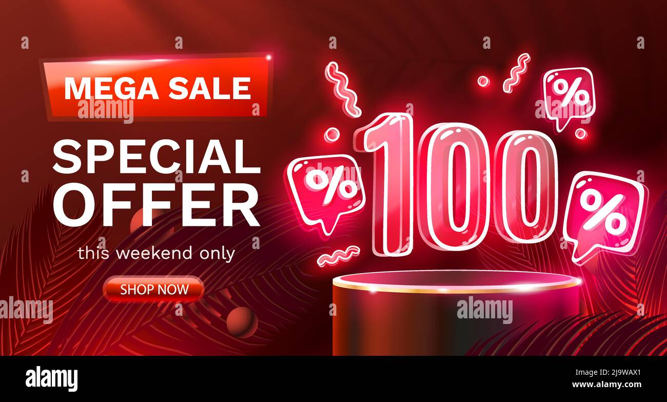 Mega sale special offer, Neon 100 off sale banner. Sign board promotion ...