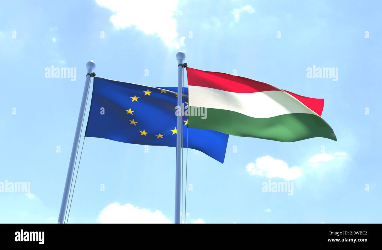 European Union and Hungary flags waving against blue sky. 3D rendering ...
