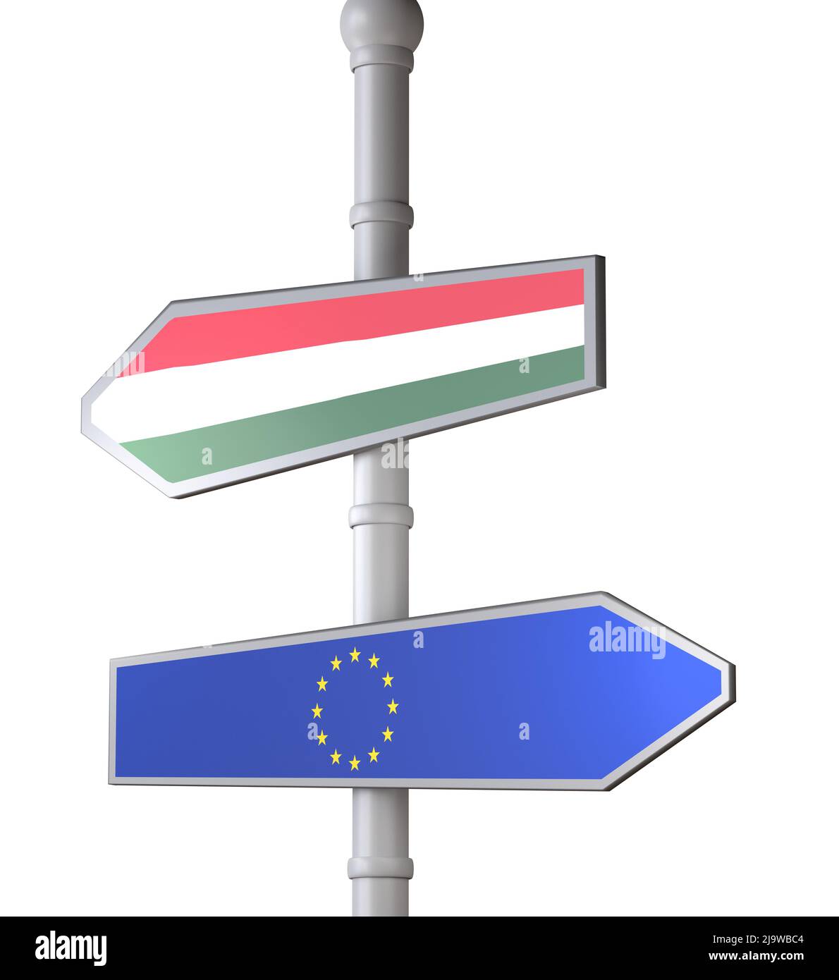 Crossroad sign with EU and Hungary flags. Isolated on white background ...