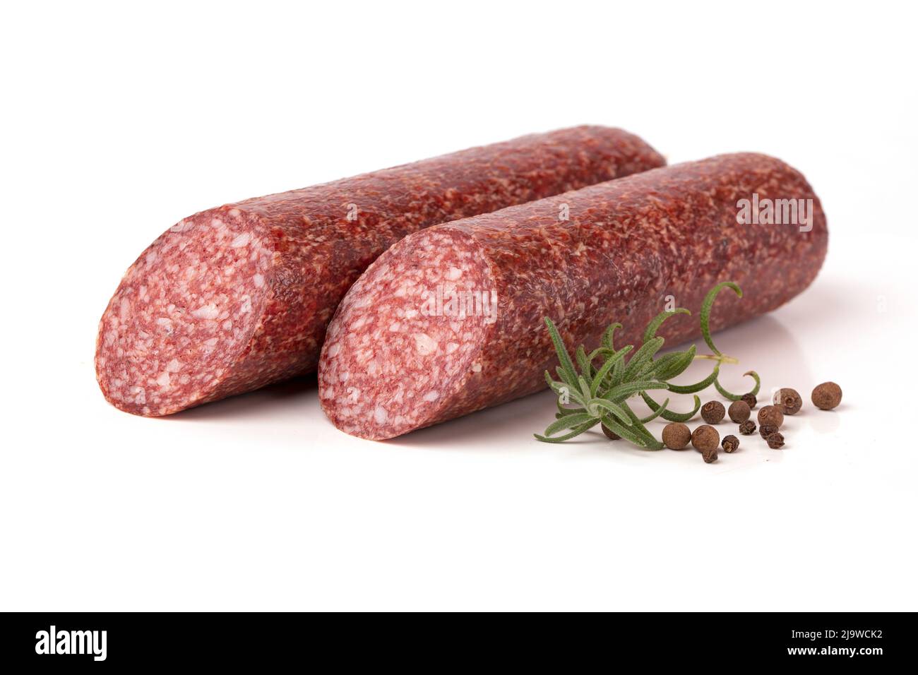 Beef Dried Smoked Sausage Salami close-up, isolated on a white ...