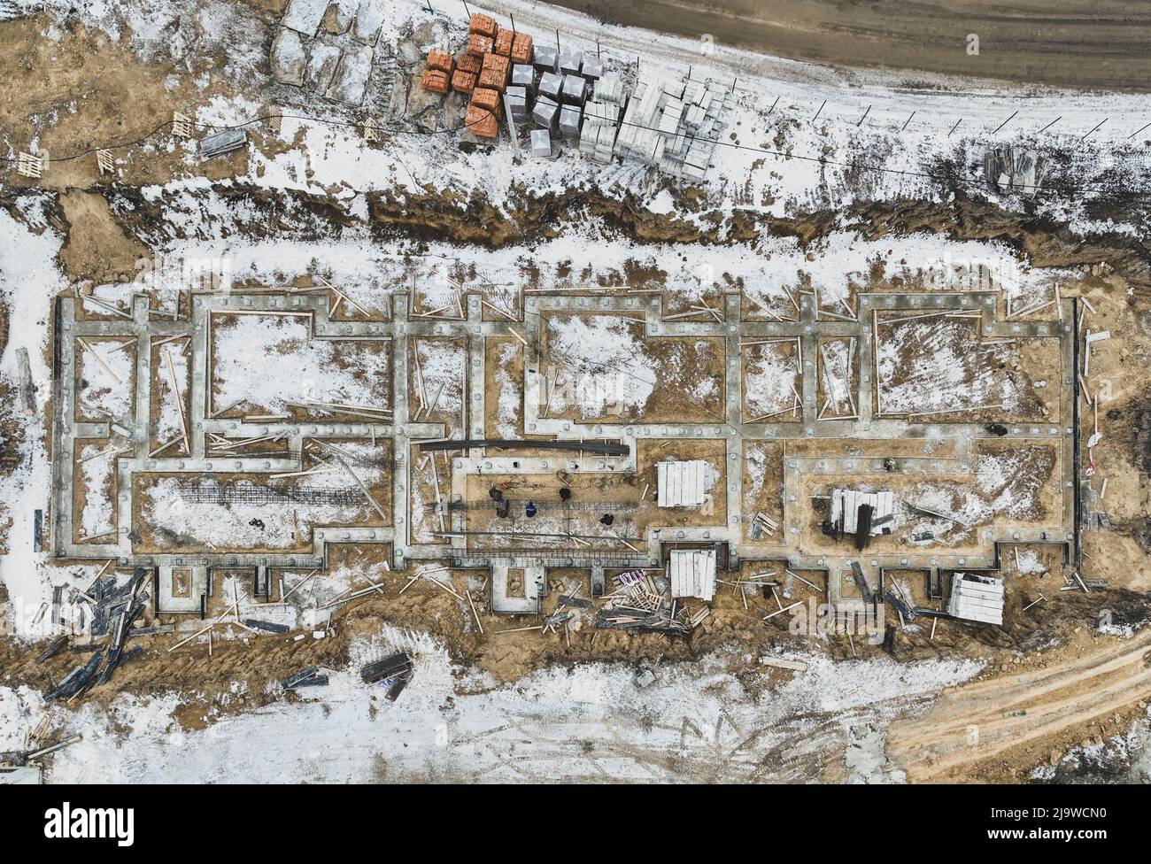 The foundation of a residential building. View from above. Construction ...
