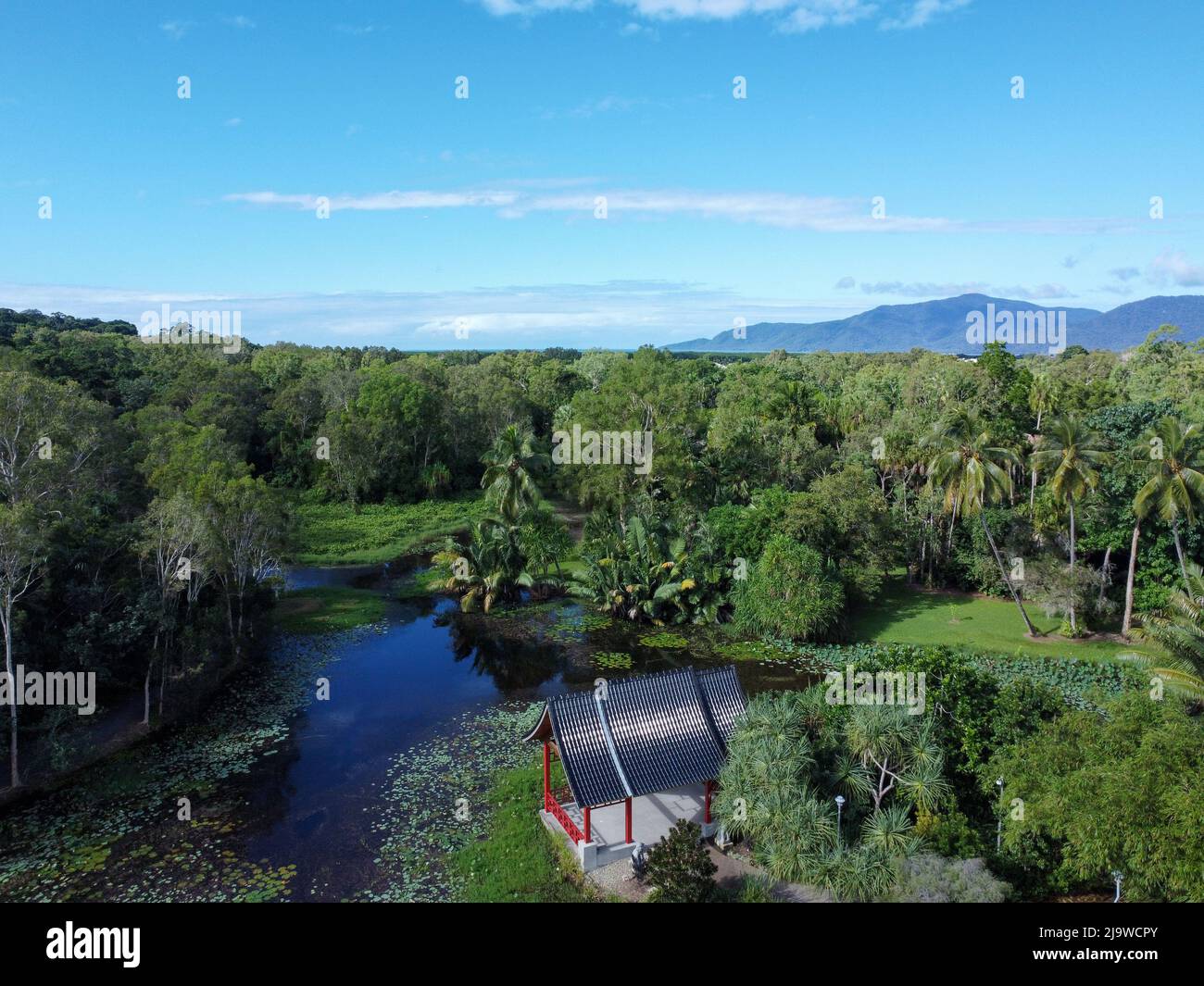 Aerial view of Cairns botanical gardens and mountains in Stock Photo ...