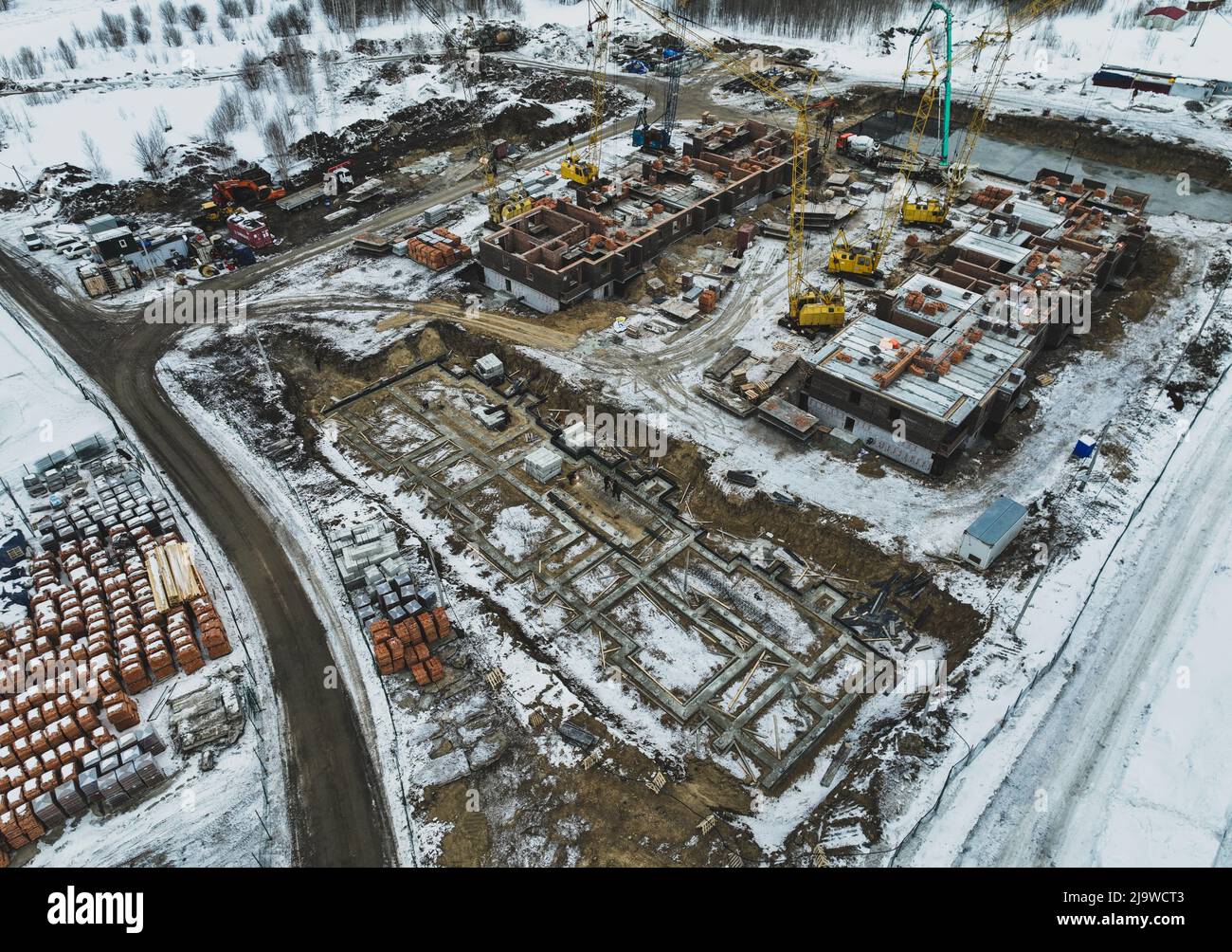 The foundation of a residential building. View from above. Construction ...