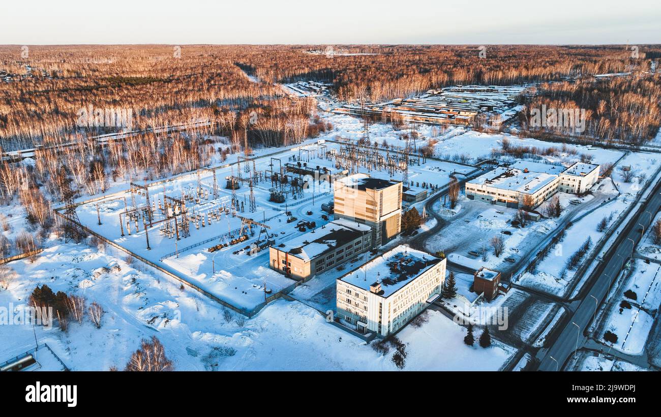 Electrical substation in snow winter. Aerial view Stock Photo - Alamy